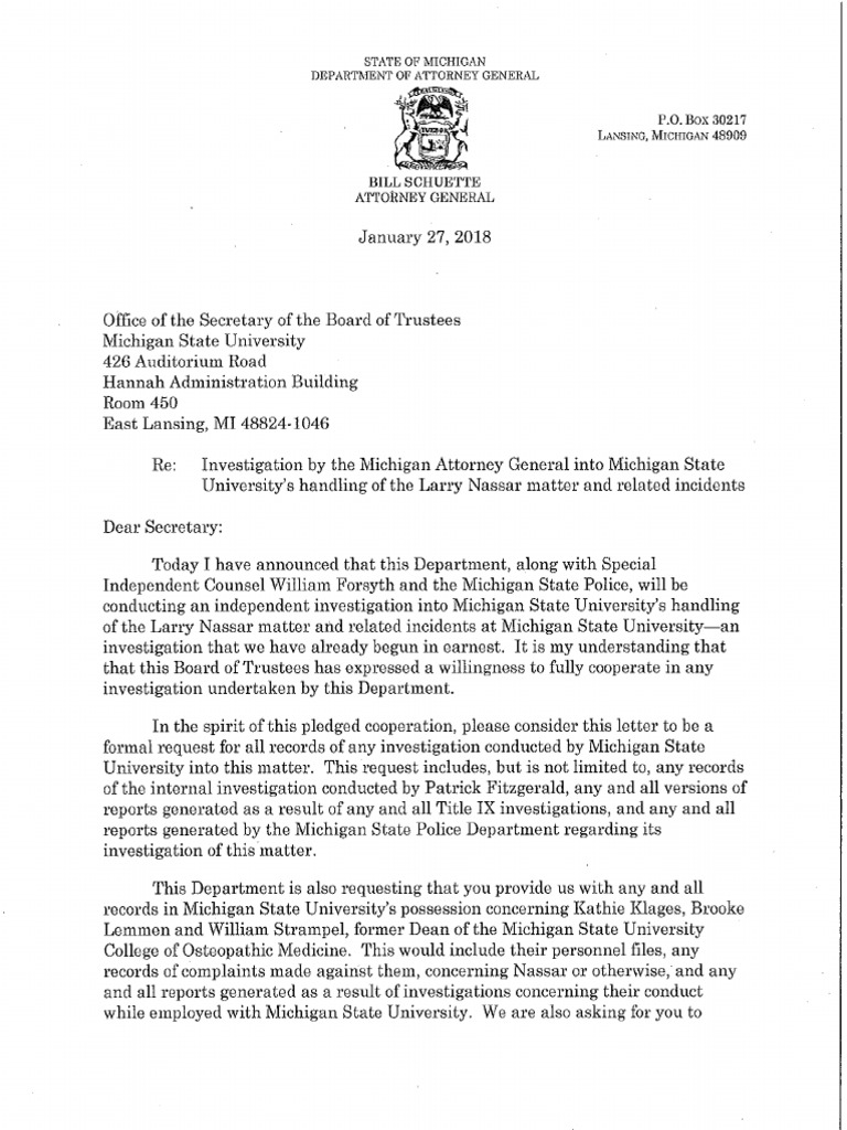 AG Bill Schuette Letter To MSU Board of Trustees | PDF