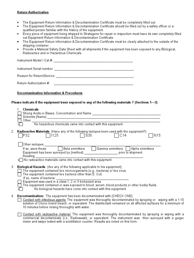 RMA Decontamination Form | PDF | Radioactive Contamination | Chemistry