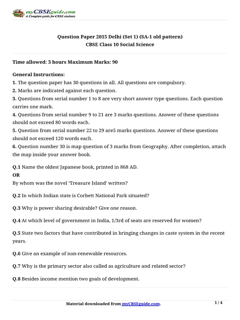 CBSE Board 10th Class SST Sample Paper 2015 SA1 Set-1 | Download Free ...