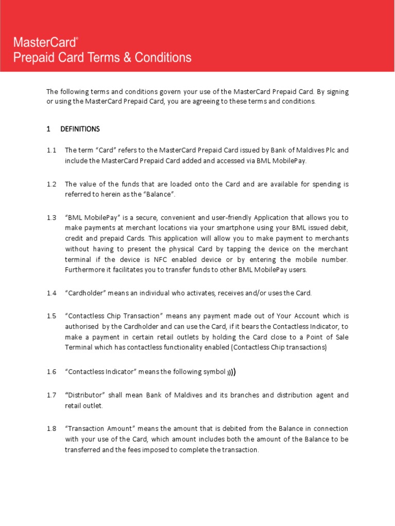 MasterCard Prepaid TandC | PDF | Stored Value Card | Debit Card
