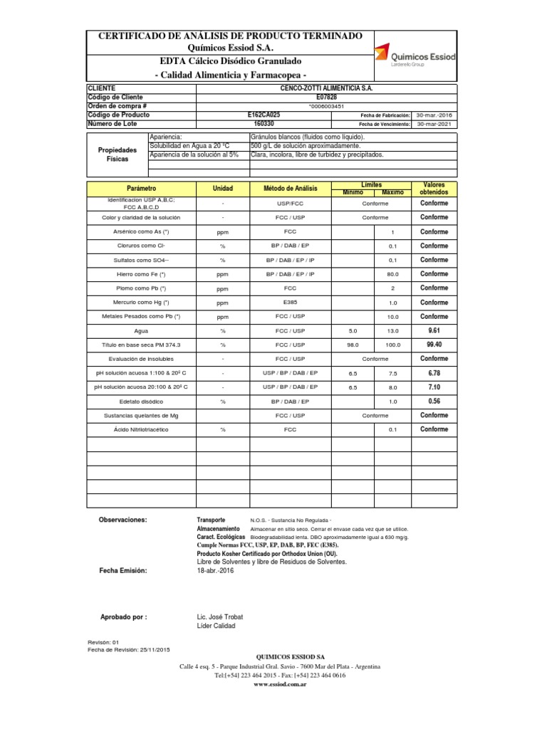 Edta Disodico 6003451 Lote 160330 Coa | PDF | Ácido etilendiaminotetraacético | Mercurio (Elemento)