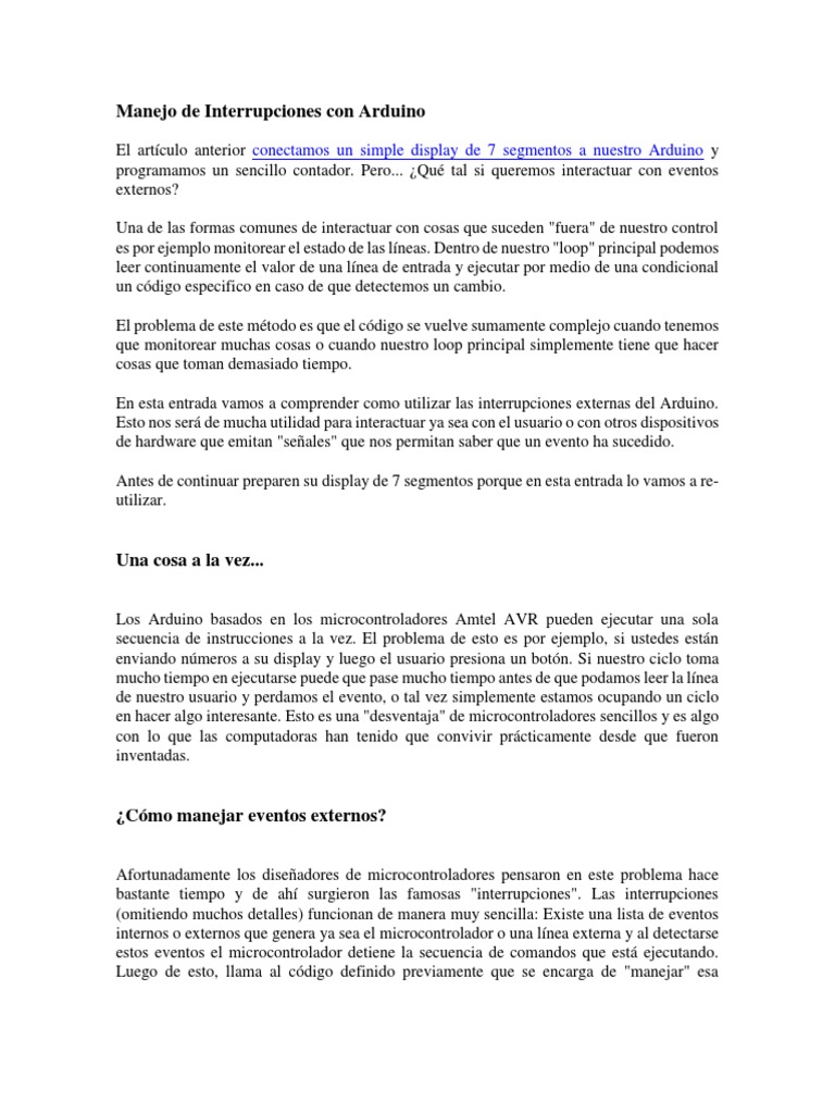 Manejo De Interrupciones Con Arduino Pdf Microcontrolador Arduino