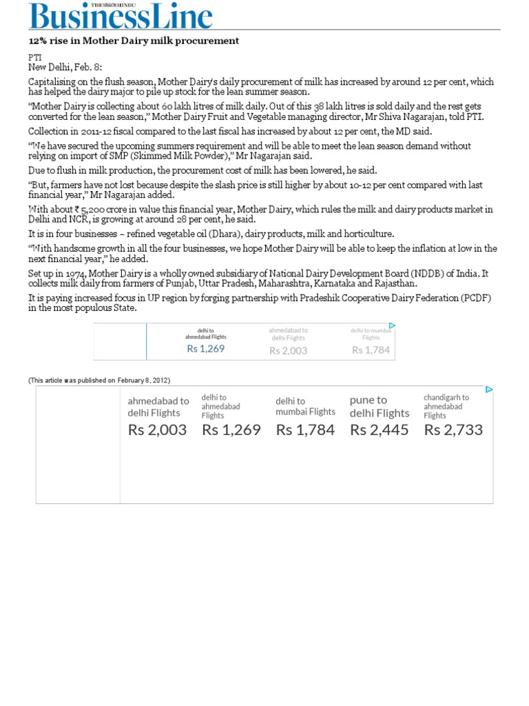 12% Rise in Mother Dairy Milk Procurement: Rs 2,003 Rs 1,784 | PDF ...