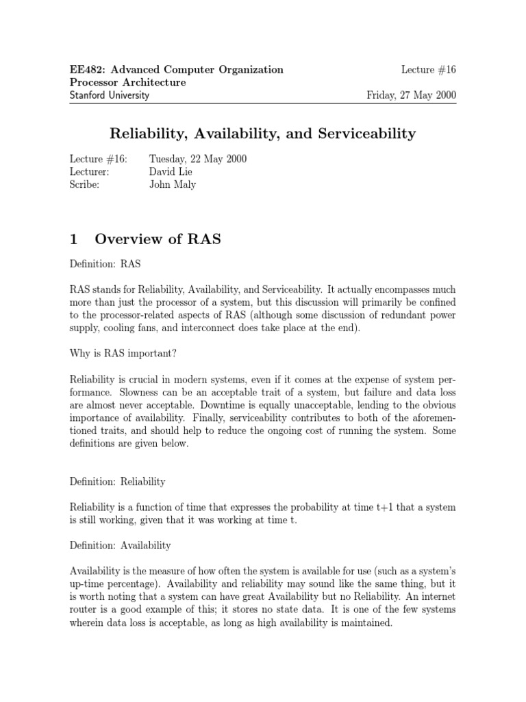 Reliability Avalilability Serviceability | PDF | Error Detection And ...