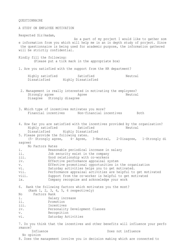 Employee Motivation Survey Questionnaire | PDF | Performance Appraisal ...