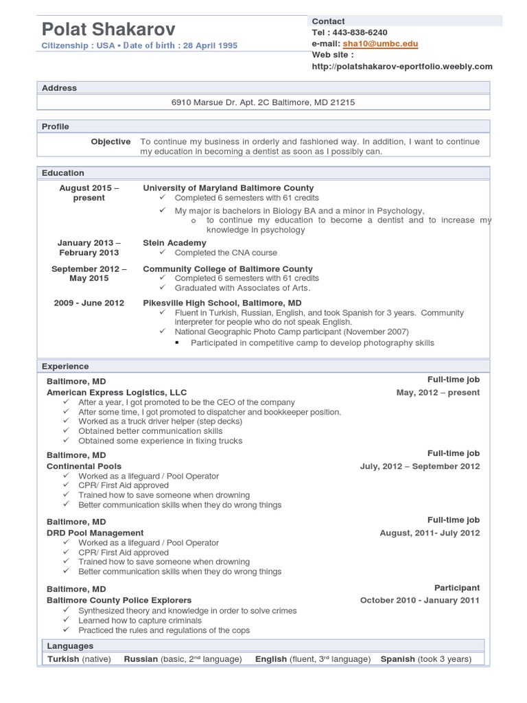 Polat Shakarov: 6910 Marsue Dr. Apt. 2C Baltimore, MD 21215 | PDF ...