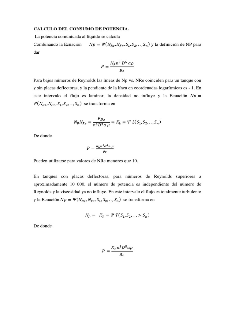 Calculo Del Consumo de Potencia | PDF | Numero Reynolds | Viscosidad