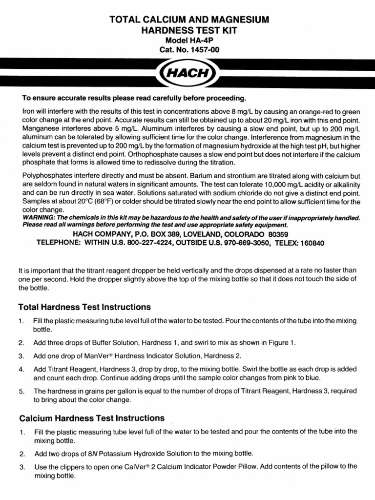 Hardness (Total & Calcium) Test Manual, HA-4P, Drop Count Titration Kit ...