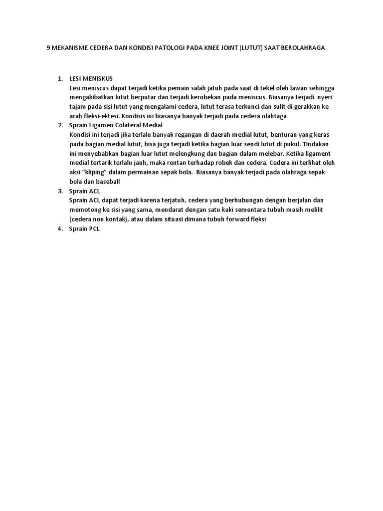 9 Mekanisme Cedera Dan Kondisi Patologi Pada Knee Joint | PDF