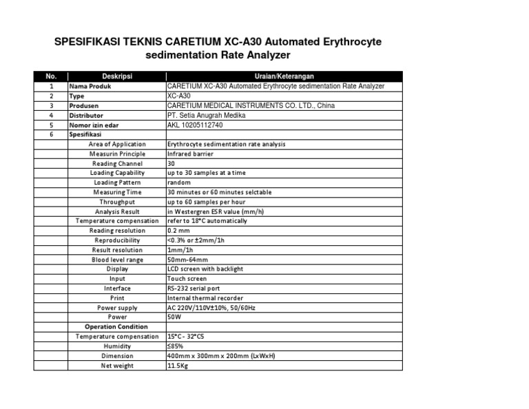 SPESIFIKASI TEKNIS CARETIUM XC-A30 Automated Erythrocyte Sedimentation ...