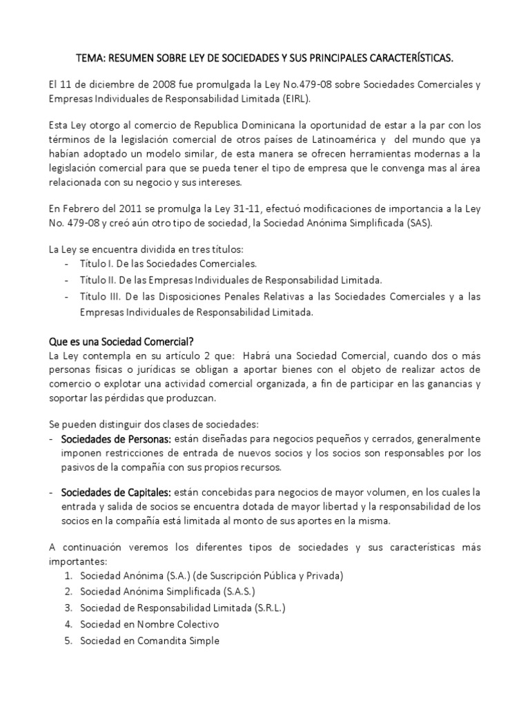 Resumen de la Ley 479-08 de Sociedades | PDF | Sociedad de ...