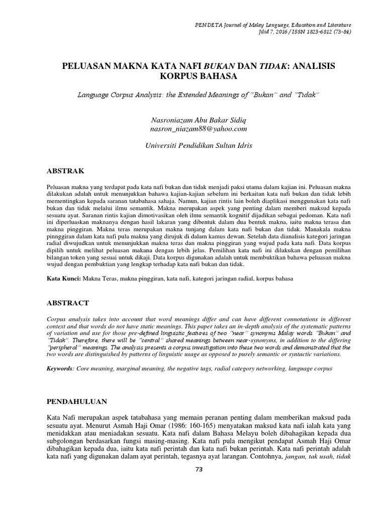 Peluasan Makna Kata Nafi Bukan Dan Tidak - Analisis Korpus Bahasa | PDF