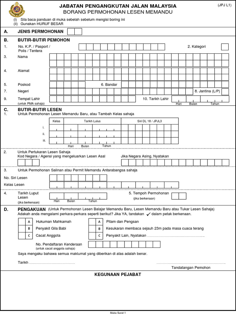 JPJL1 - Permohonan Lesen (LDL, PDL, CDL | PDF