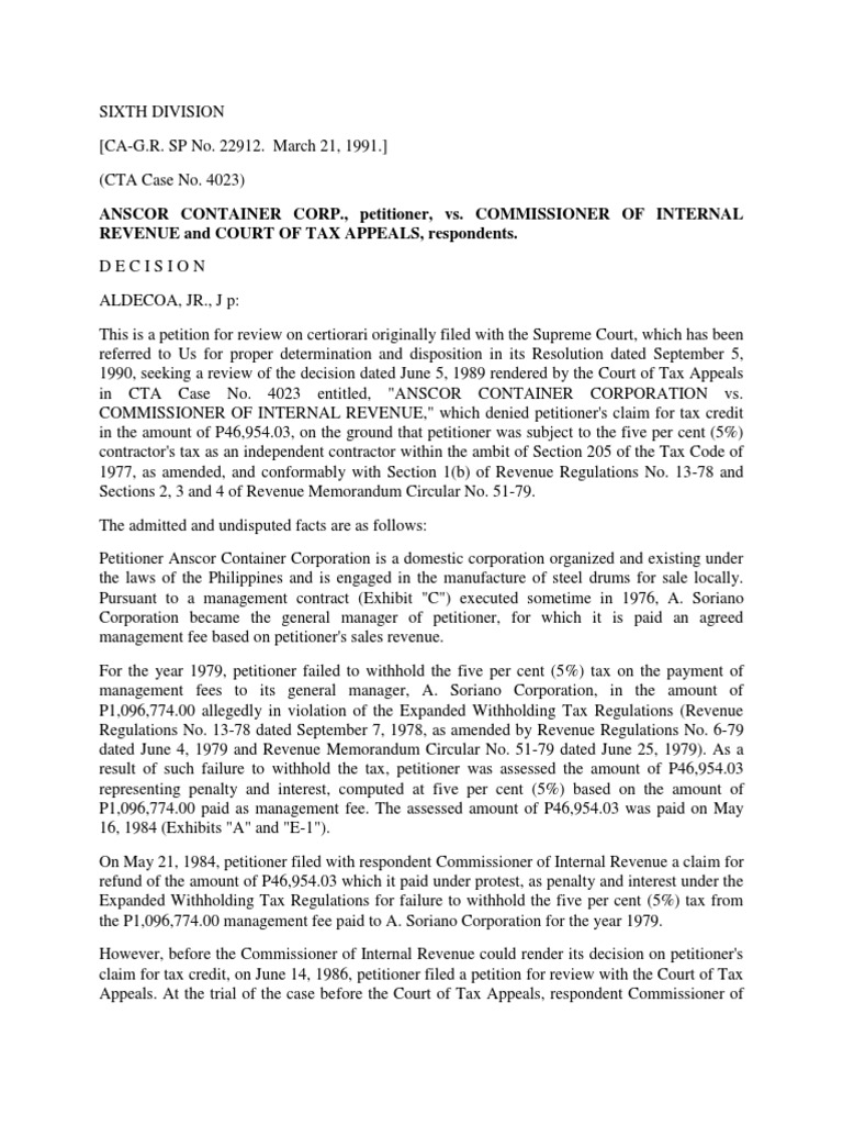 Anscor Container Corp. v. CIR and CTA | PDF | Withholding Tax | Tax Refund