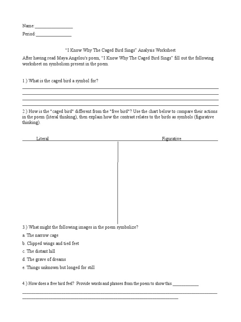 Caged Bird Analysis Worksheet | PDF | Language Arts & Discipline ...