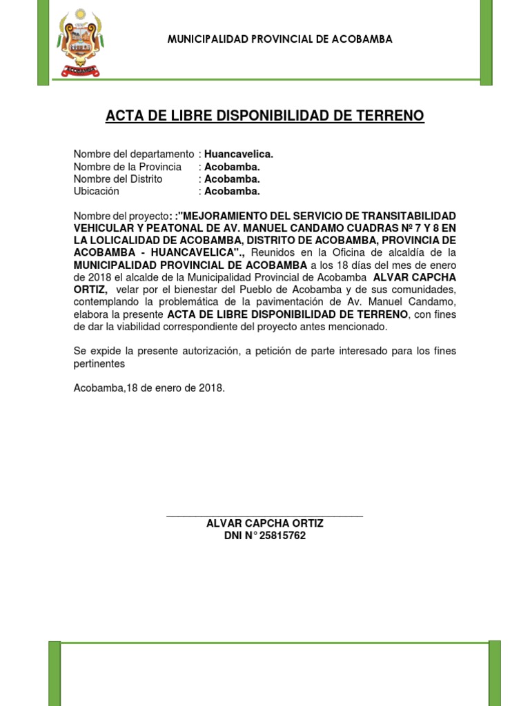 Acta de Libre Disponibilidad de Terreno | PDF