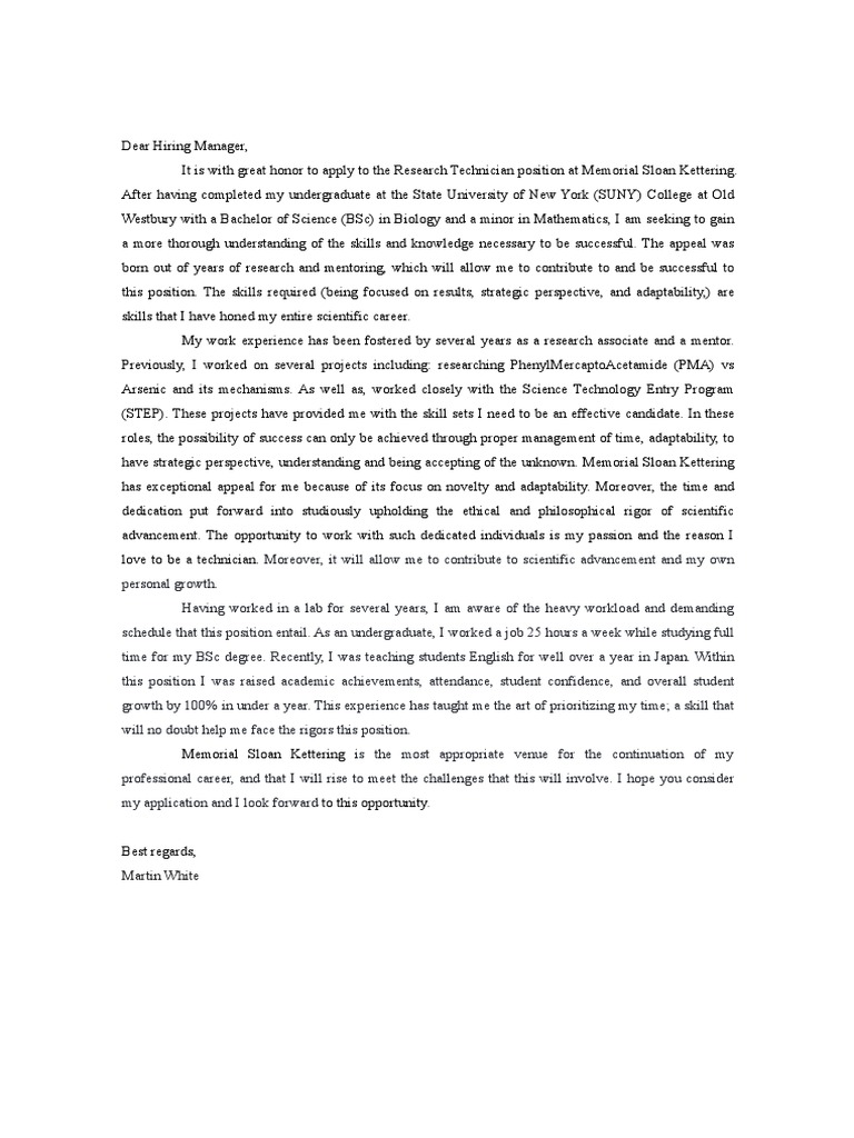 Cover Letter Memorial Sloan Kettering | PDF | Bachelor Of Science | Science