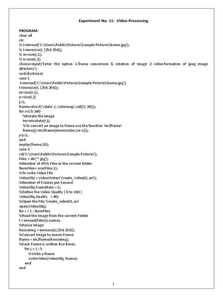 Experiment No. 11: Video Processing: Program | PDF