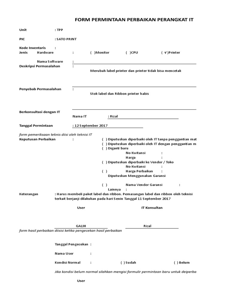 Form Permintaan Perbaikan IT | PDF