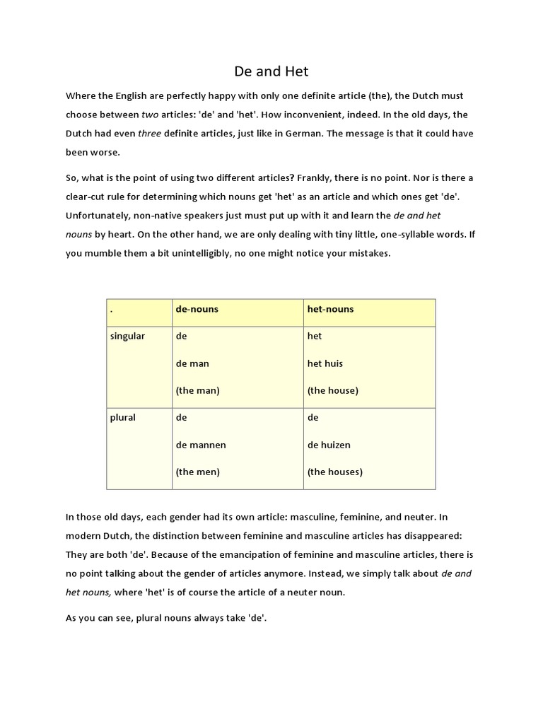 Understanding Dutch Articles: De vs Het | PDF