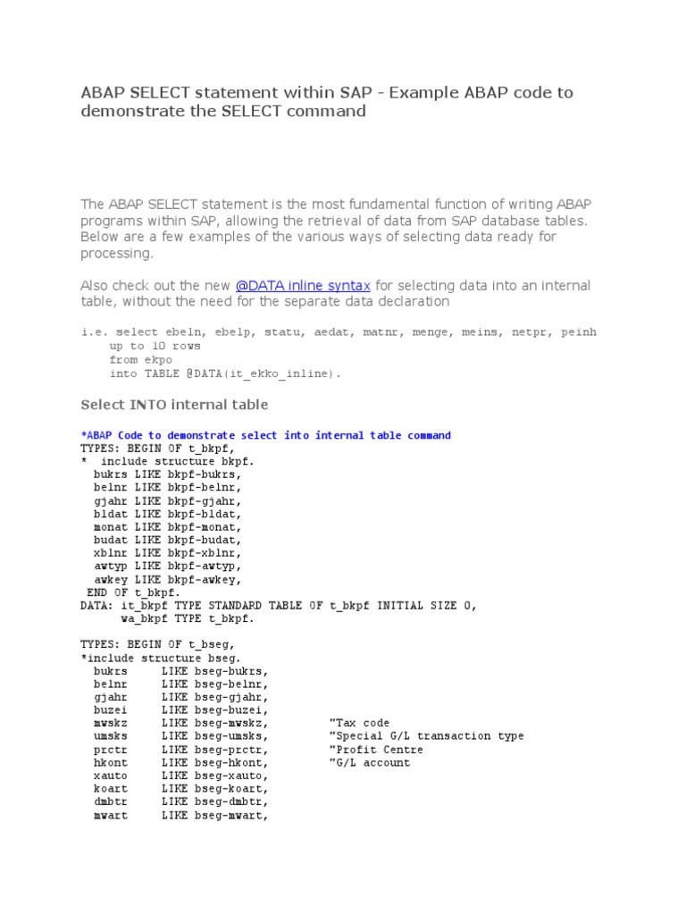 ABAP SELECT Statement Within SAP | PDF | Software Engineering ...