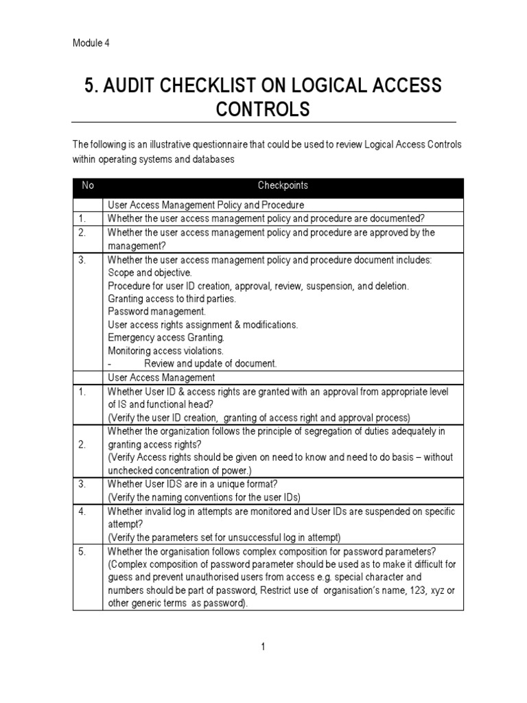 Audit Checklist On Logical Access | PDF | Access Control | Password