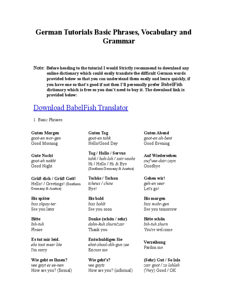 German Tutorials Basic Phrases, Vocabulary and Grammar: Download ...