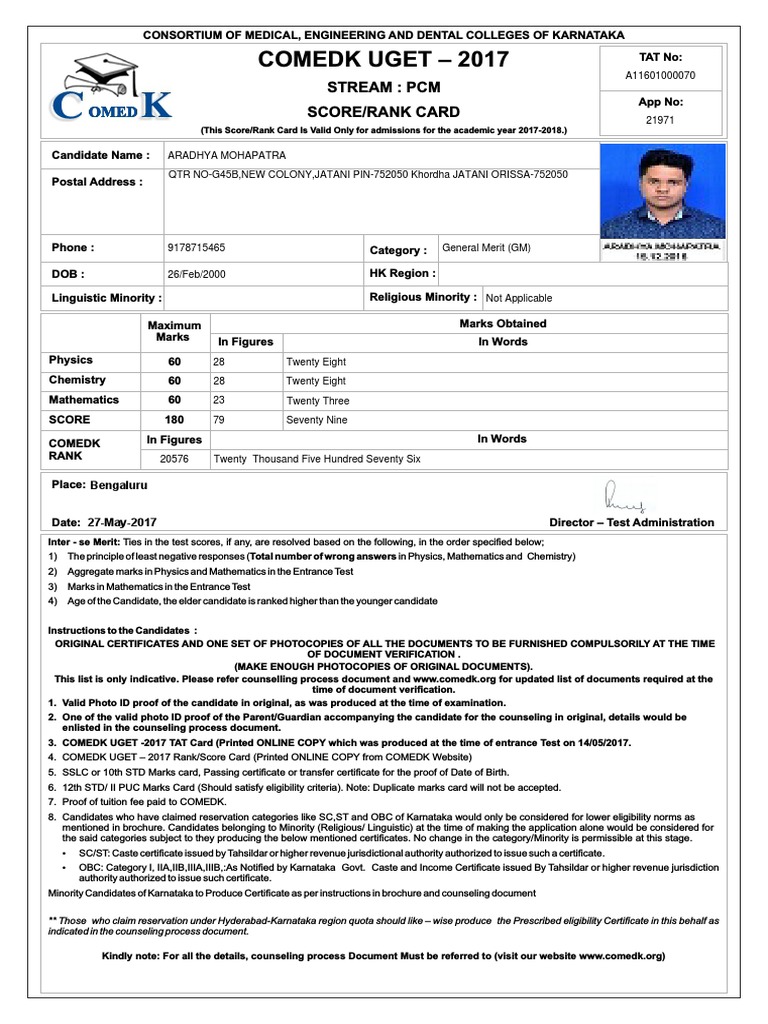 Comedk Uget - 2017: Stream: PCM Score/Rank Card | PDF | Government ...
