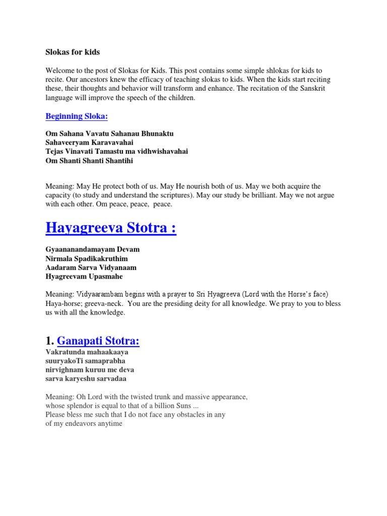 Slokas For Kids | PDF | Hindu Gods | Religious Faiths