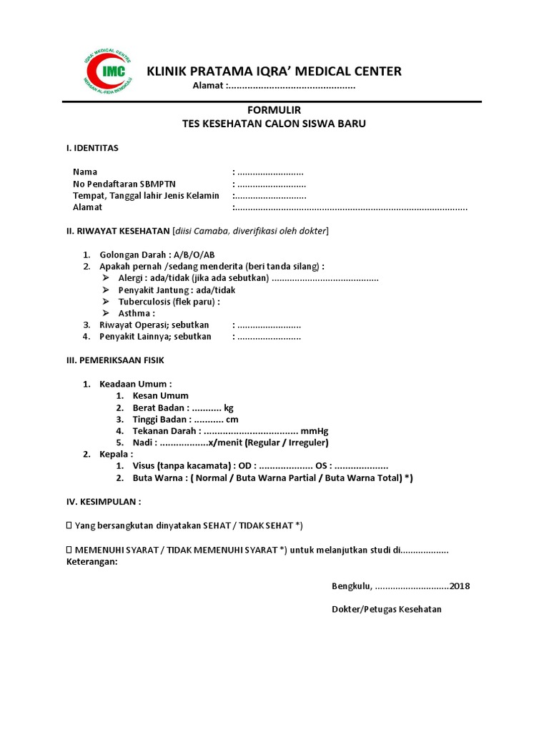 Formulir Tes Kesehatan Siswa Baru | PDF