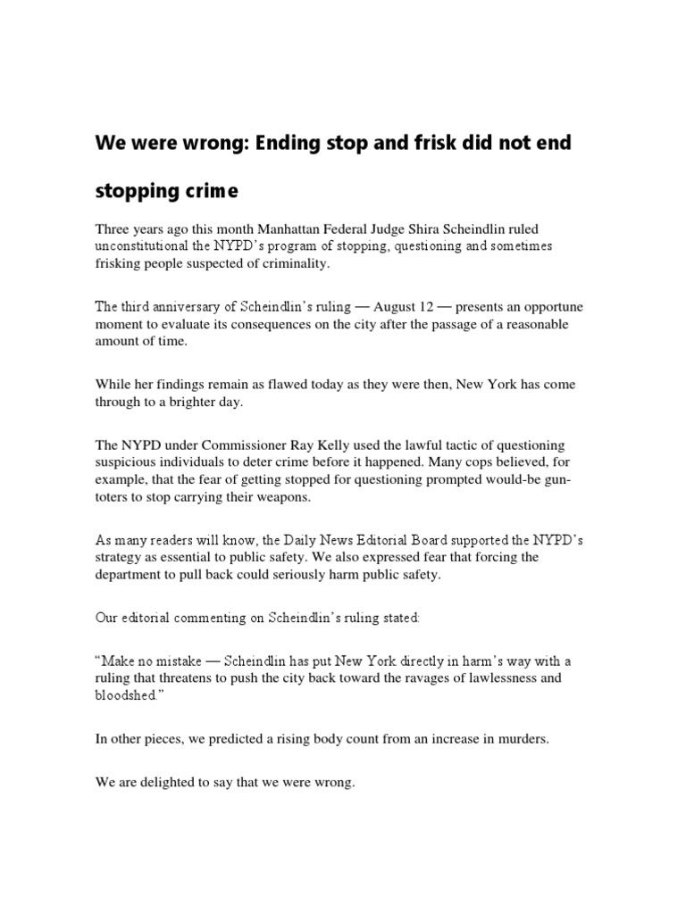 We Were Wrong About Stop and Frisk | PDF | Stop And Frisk In New York ...