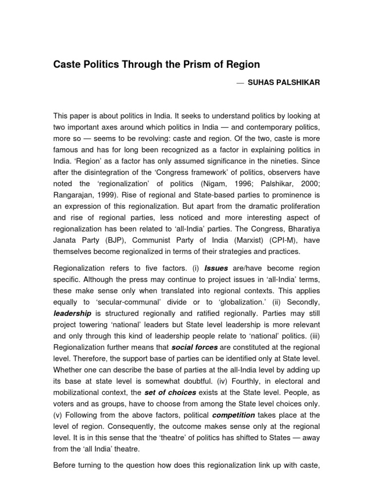 Suhas Palshikar Caste & Region | PDF | Dalit | Caste