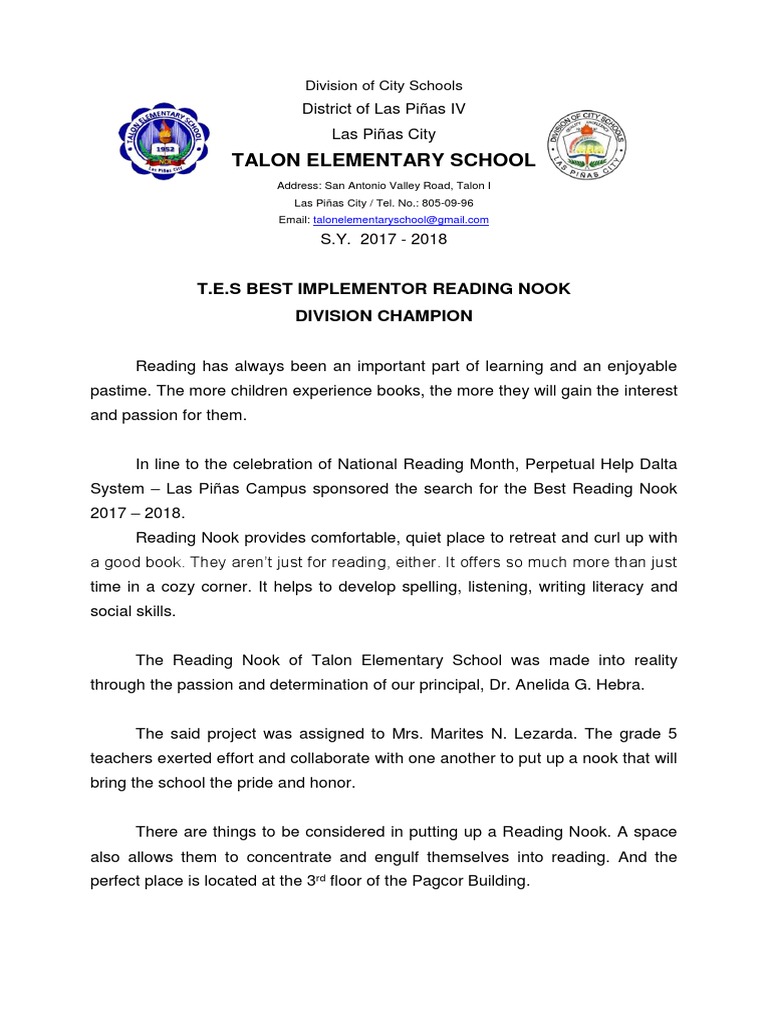 Talon Elementary School: T.E.S Best Implementor Reading Nook Division ...