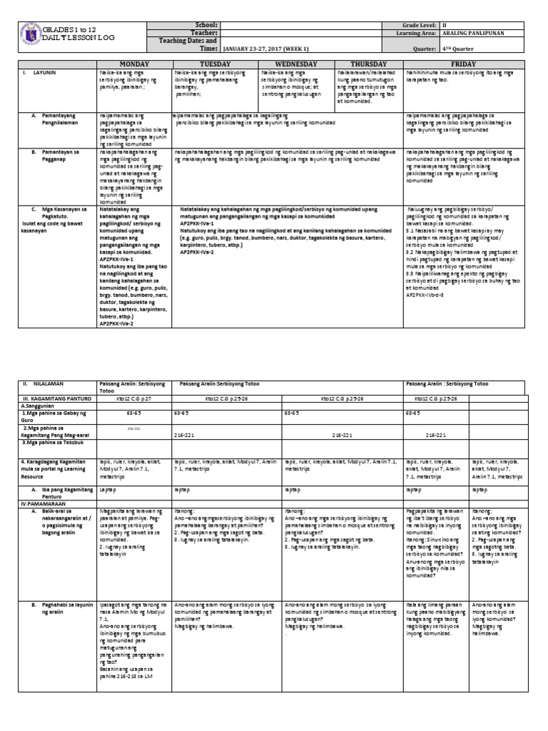 Grade 2 DLL Araling Panlipunan 2 Q4 Week 1 | PDF