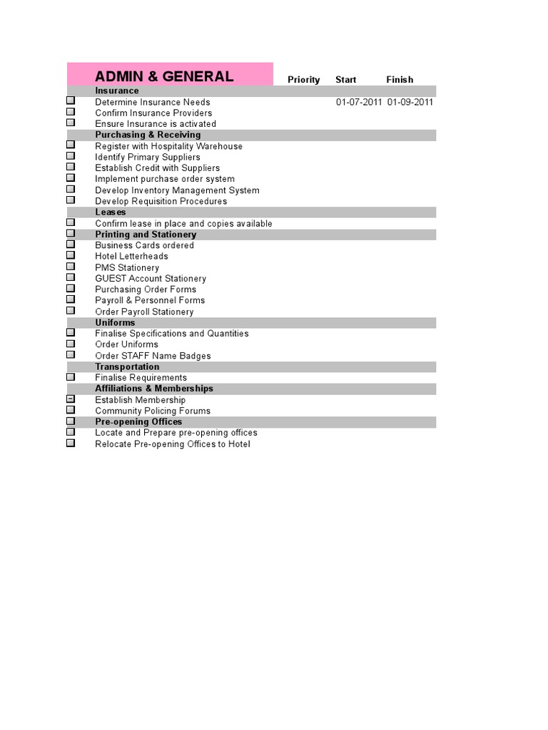 Hotel Pre Opening Full Checklist | PDF | Menu | Service Level Agreement