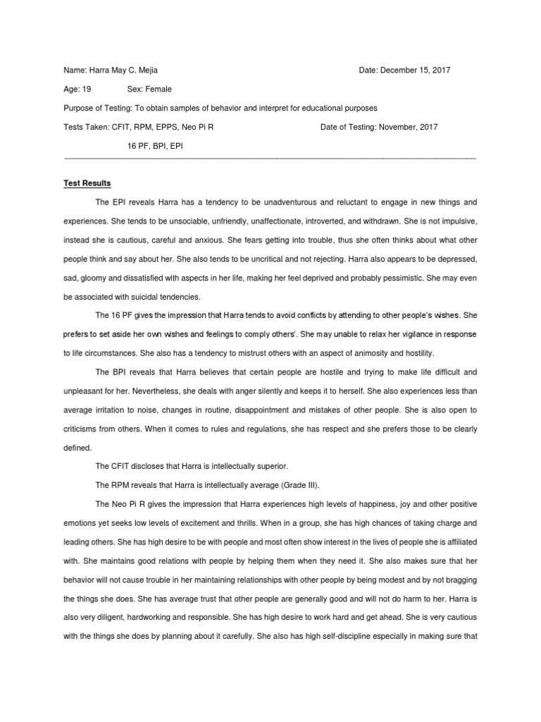 Psychological Report | PDF | Extraversion And Introversion | Anger