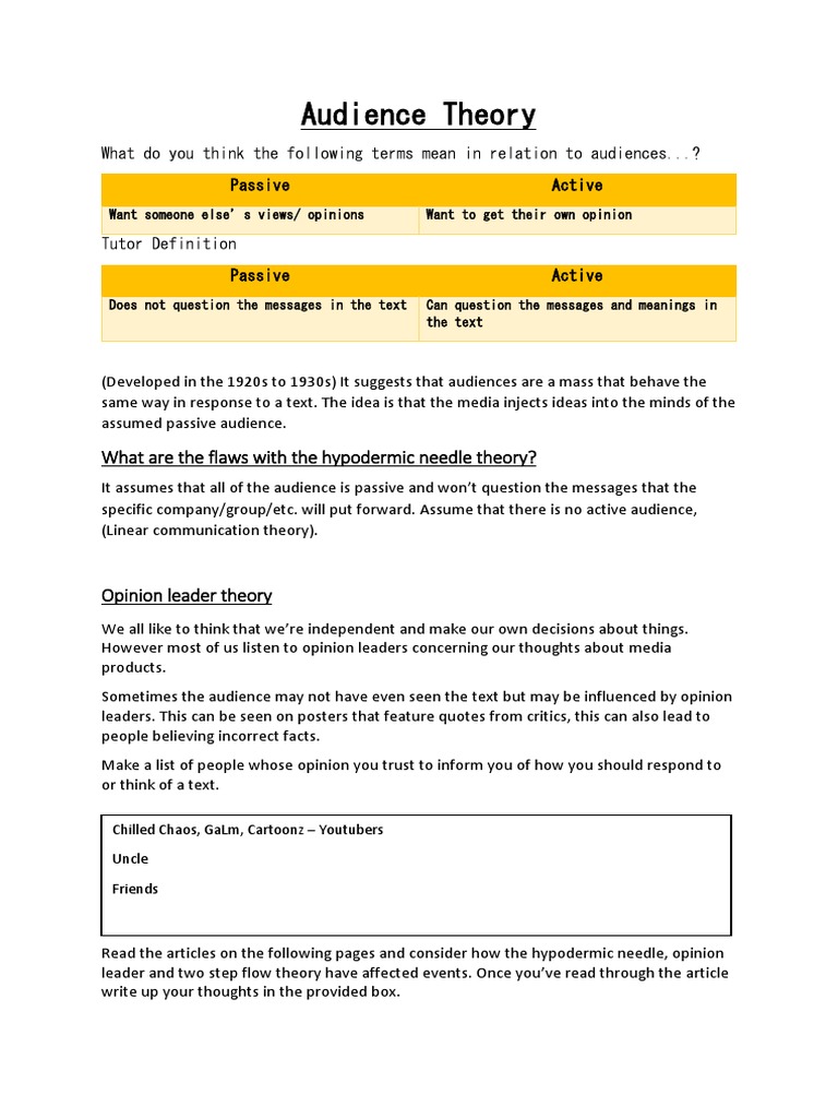 Audience Theory Handout 1 | PDF | Mass Media | Crime Thriller