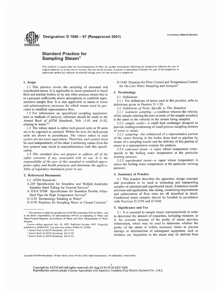 ASTM D 1066, Stampling Steam | PDF | Steam | Pipe (Fluid Conveyance)