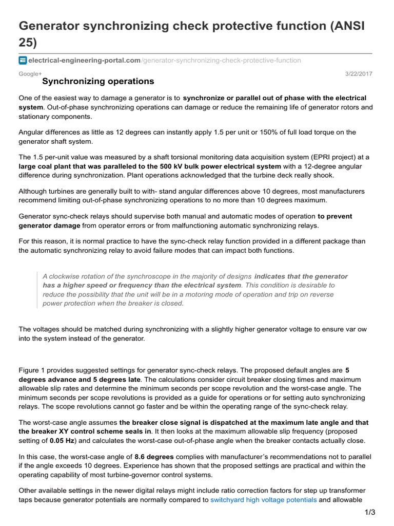 Generator Synchronizing Check Protective Function ANSI 25 | PDF | Relay | Electric Generator