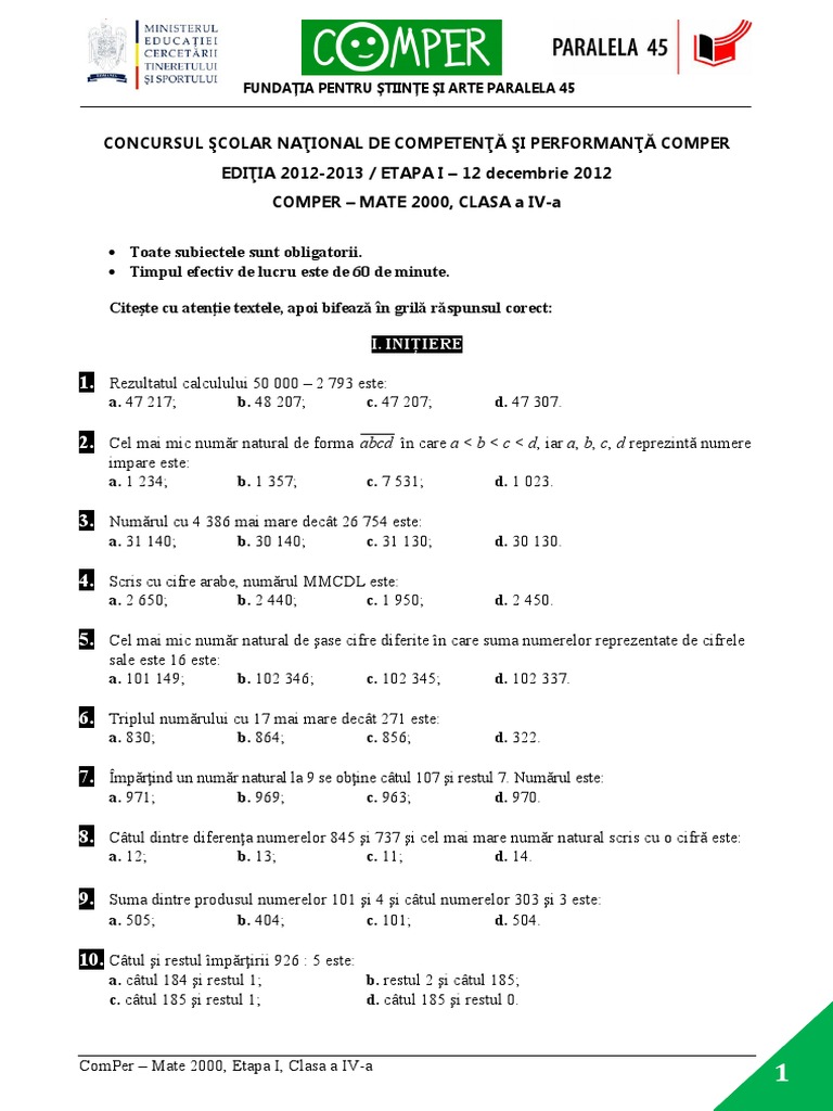 Subiect Si Barem Matematica EtapaI ClasaIV 12-13 PDF | PDF
