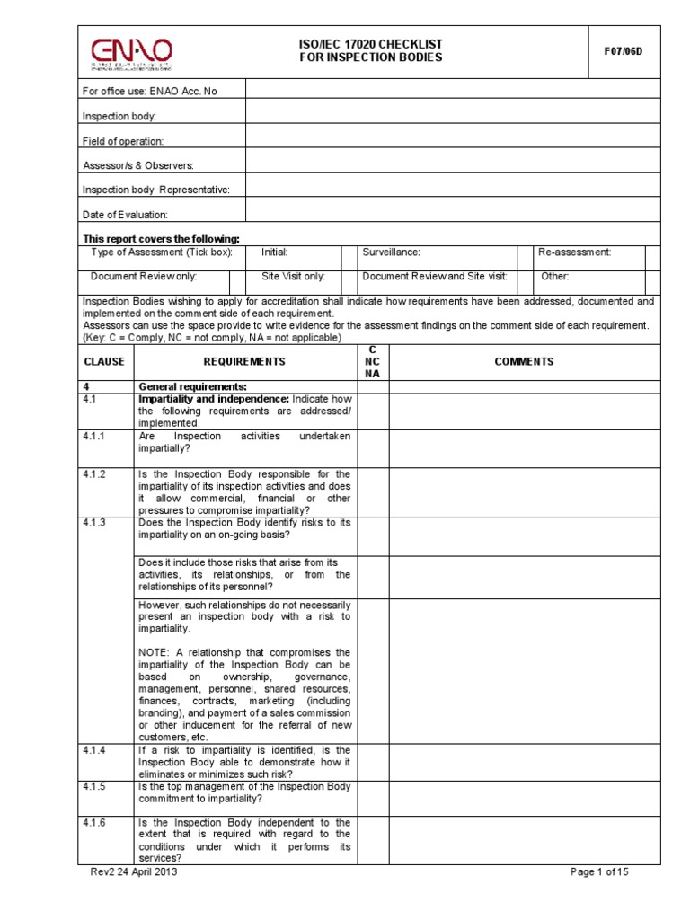 Iso/Iec 17020 Checklist For Inspection Bodies | PDF | Audit | Internal Audit