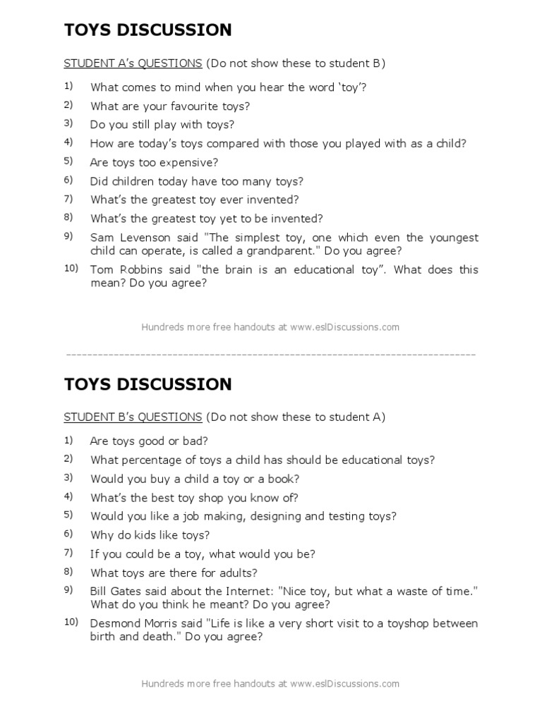 Engaging ESL Discussion Questions on Toys | PDF