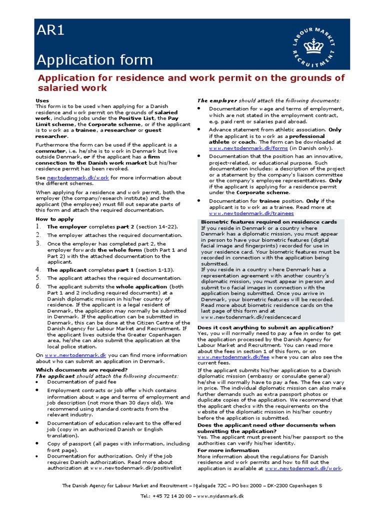 AR1 Application Form: Application For Residence and Work Permit On The ...