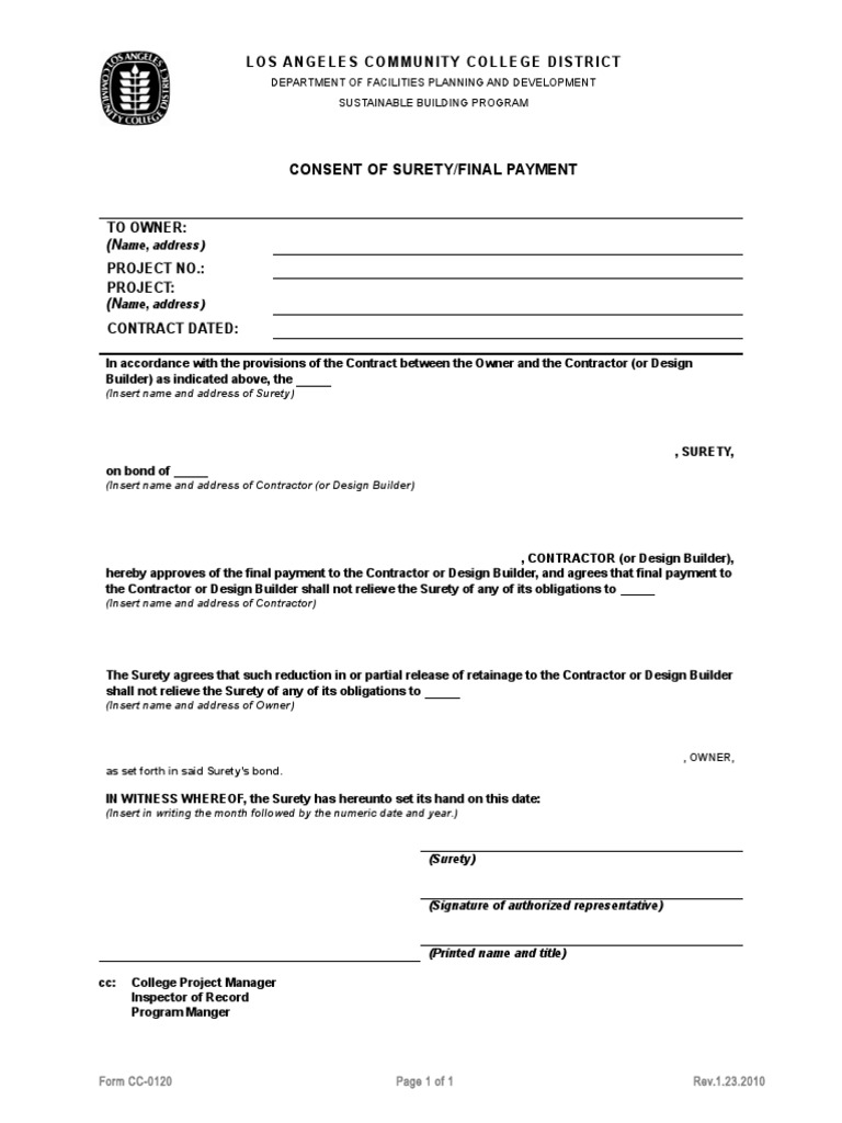 Consent of Surety for Final Payment | PDF