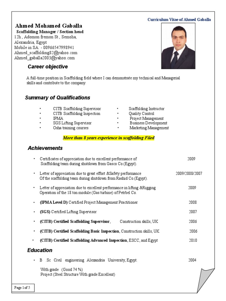 CV Scaffolding Engineer | PDF | Scaffolding | Safety