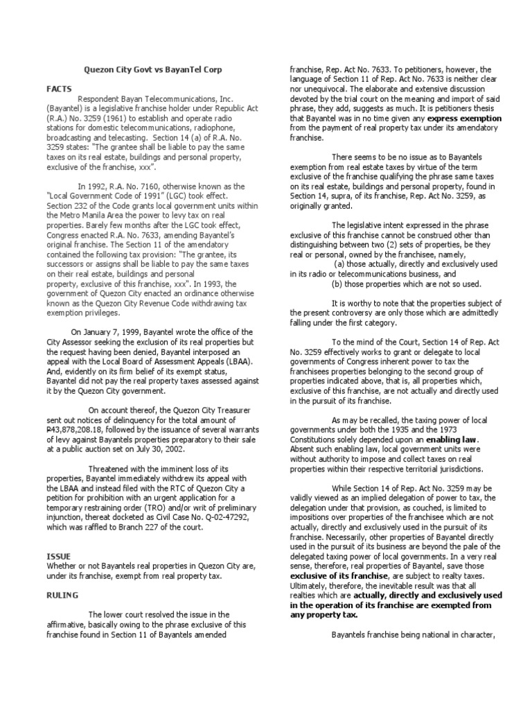 Quezon City Govt Vs BayanTel Corp | PDF | Franchising | Taxes