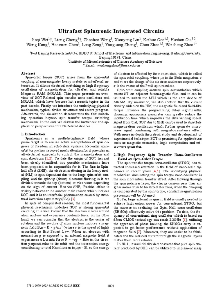 Ultrafast Spintronic Integrated Circuits | PDF | Spin (Physics) | Electron