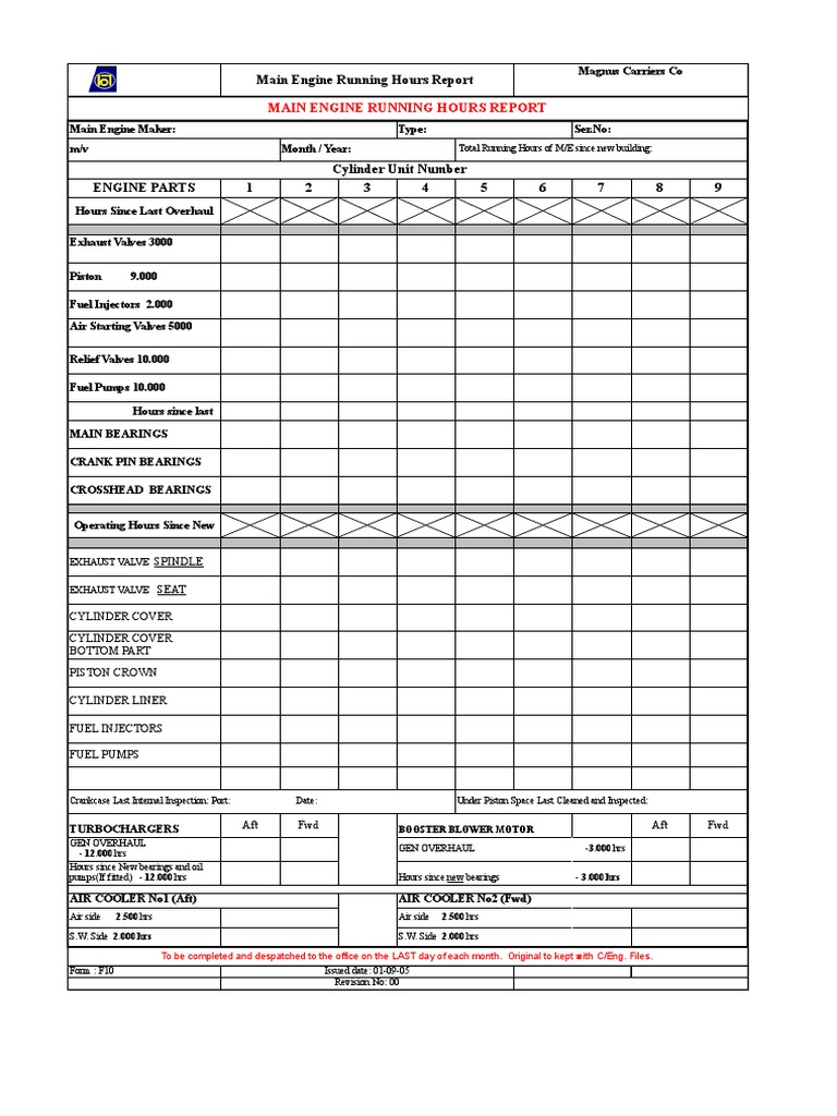 Main Engine Running Hours Report for MV [VESSEL NAME], Detailing ...