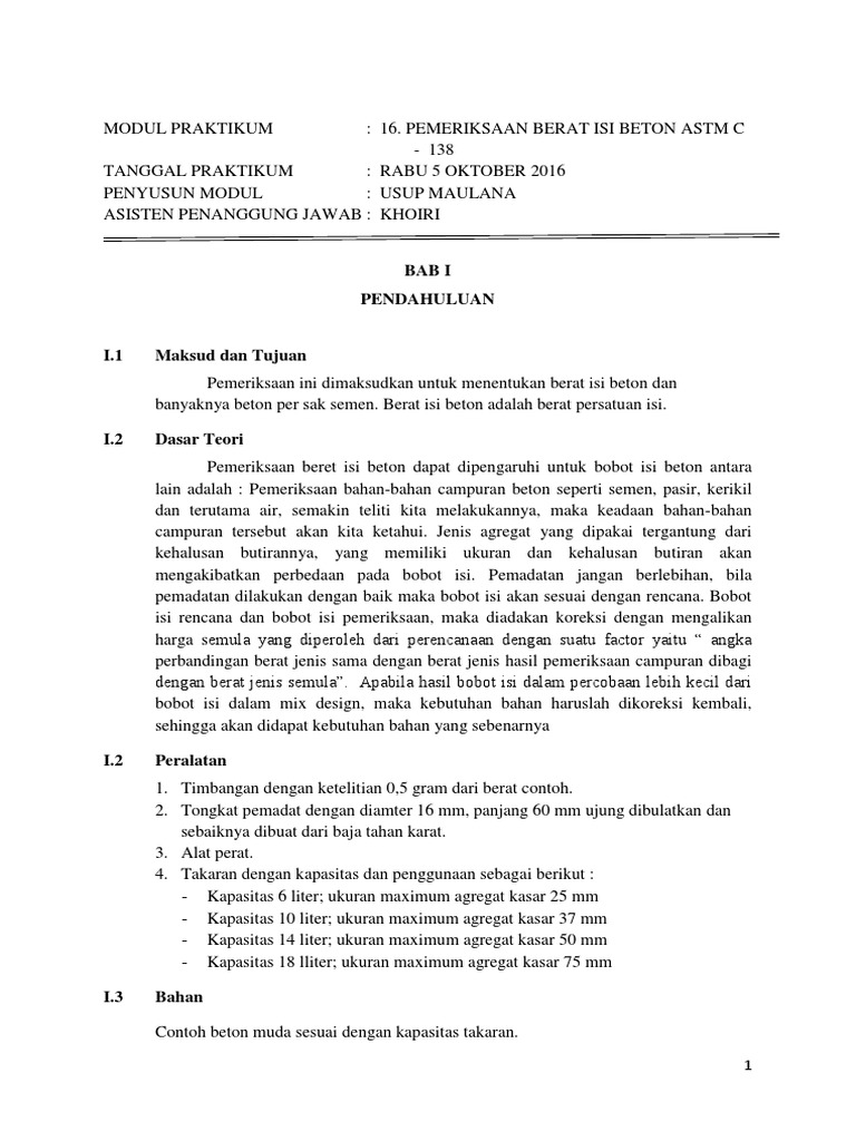 Pemeriksaan Berat Isi Beton ASTM C - 138 | PDF