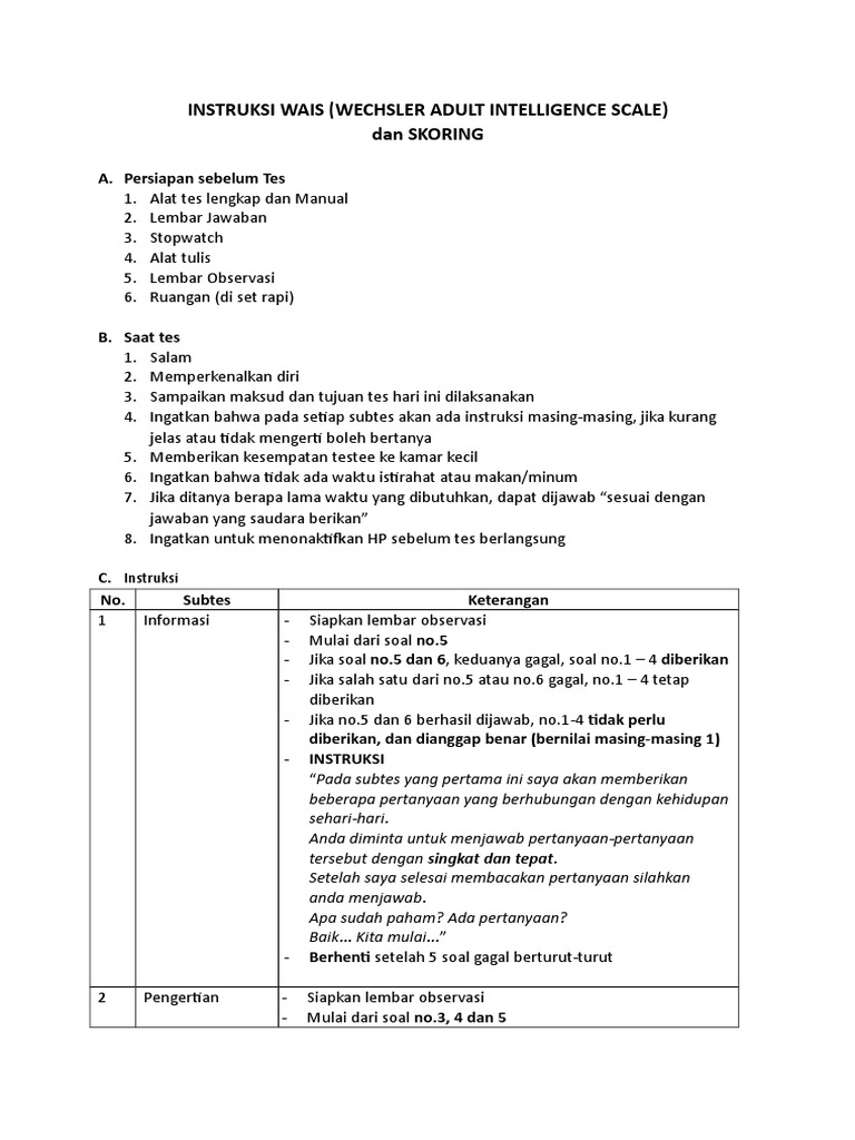 Instruksi dan Skoring Tes WAIS | PDF